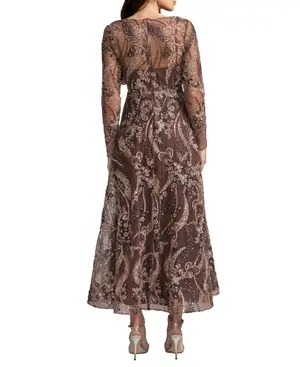 Mac Duggal Embroidered V-neck Midi Dress - Chocolate