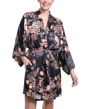 MIDNIGHT BAKERY Stretch Satin Short Wrap Robe - Black