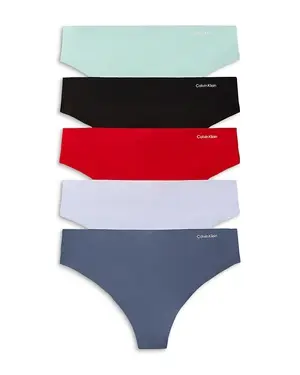 Calvin Klein Invisibles Microfiber Stretch Thong, Pack Of 5 - Black/blue/gris/go/crm