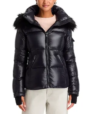 Aqua Gloss Faux Fur Trim Hooded Puffer Coat - Jet/black