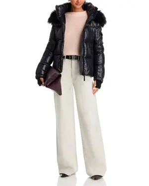 Aqua Gloss Faux Fur Trim Hooded Puffer Coat - Jet/black