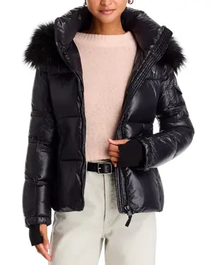 Aqua Gloss Faux Fur Trim Hooded Puffer Coat - Jet/black