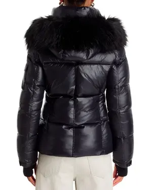 Aqua Gloss Faux Fur Trim Hooded Puffer Coat - Jet/black