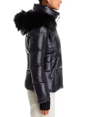 Aqua Gloss Faux Fur Trim Hooded Puffer Coat - Jet/black