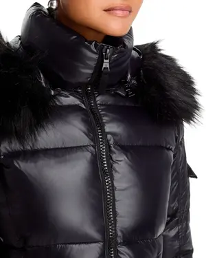 Aqua Gloss Faux Fur Trim Hooded Puffer Coat - Jet/black