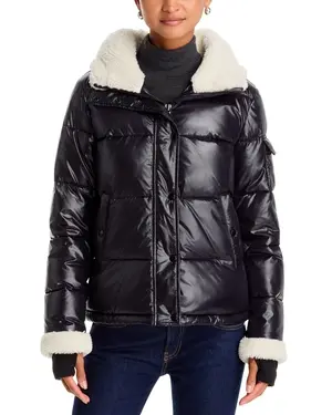 Aqua Sherpa Trim Hooded Gloss Puffer Coat Exclusive
