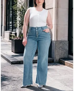 BAYEAS Plus Mid Rise Wide Leg With Frayed Hem Denim Jeans