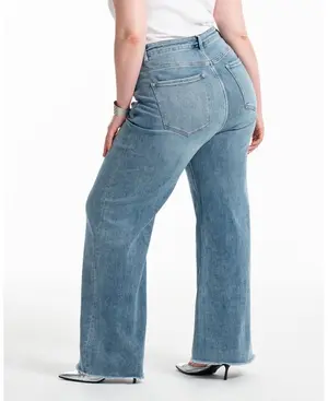 BAYEAS Plus Mid Rise Wide Leg With Frayed Hem Denim Jeans