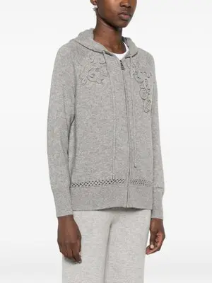 Ermanno Scervino Wool And Cashmere Floral Embroidered Zip-up Hoodie - Grey