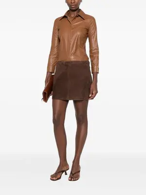 Elisabetta Franchi Faux-leather Shirt With Gold-tone Logo Plaque - Brown