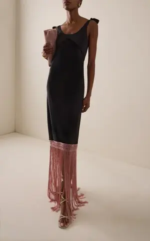 Alejandra Alonso Rojas Crepe Midi Dress With Dusty Pink Fringe