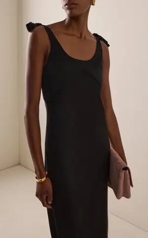 Alejandra Alonso Rojas Crepe Midi Dress With Dusty Pink Fringe
