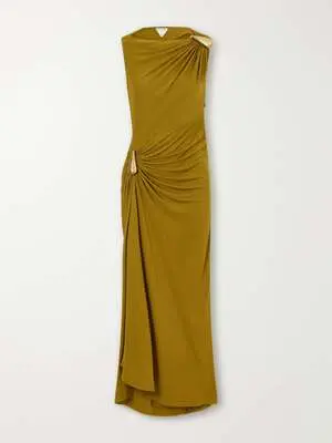 Bottega Veneta Gathered Embellished Crepe-jersey Maxi Dress - Green