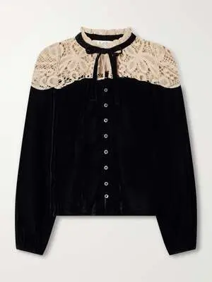 Sea Shiloh Bow-detailed Embroidered Velvet Blouse - Black