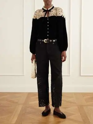 Sea Shiloh Bow-detailed Embroidered Velvet Blouse