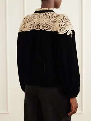 Sea Shiloh Bow-detailed Embroidered Velvet Blouse