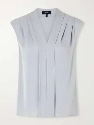 Theory Pleated Silk-satin Tank - Gray