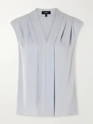Theory Pleated Silk-satin Tank - Gray
