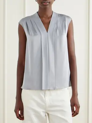 Theory Pleated Silk-satin Tank - Gray