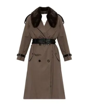 Burberry Long Cotton Trench Coat With Buffalo Leather Collar