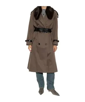 Burberry Long Cotton Trench Coat With Buffalo Leather Collar