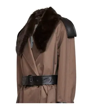 Burberry Long Cotton Trench Coat With Buffalo Leather Collar