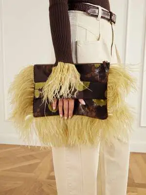 La DoubleJ Party Feather-embellished Floral-jacquard Clutch