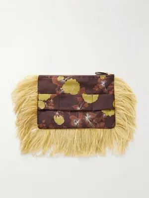 La DoubleJ Party Clutch With Feather Embellishment And Floral Jacquard - Brown