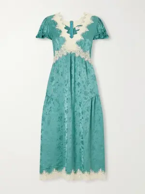 Sea Shay Gathered Lace-trimmed Floral-jacquard Midi Dress - Blue