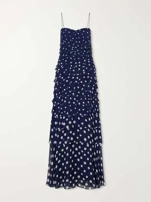 Saloni Niki Polka-dot Chiffon Gown - Navy