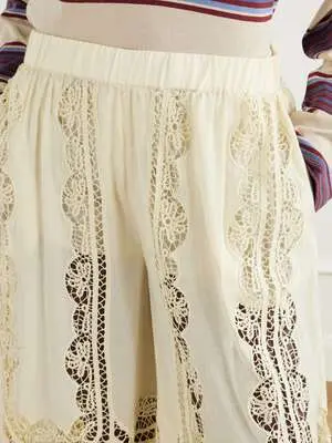 Sea Vali Gathered Embroidered Cotton-blend Wide-leg Pants