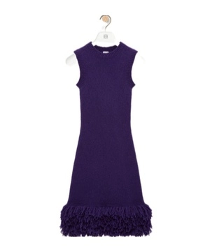Loewe Sleeveless Wool Blend Dress With Fur Trim - Purple