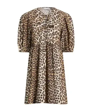 GANNI Leopard Print Short Sleeve Dress - Ivory