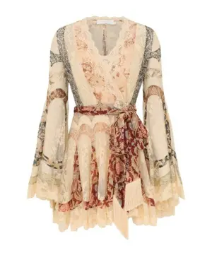 Zimmermann Lace Panel Wrapfront Bell Sleeve Mini Dress - Patchwork Floral