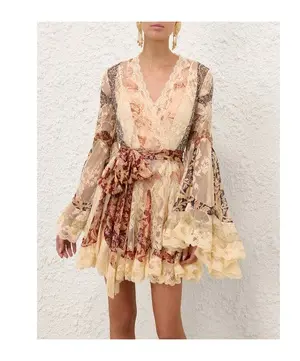 Zimmermann Lace Panel Wrapfront Bell Sleeve Mini Dress - Patchwork Floral