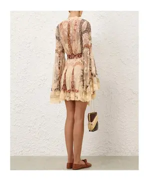 Zimmermann Lace Panel Wrapfront Bell Sleeve Mini Dress - Patchwork Floral