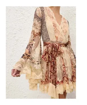 Zimmermann Lace Panel Wrapfront Bell Sleeve Mini Dress - Patchwork Floral
