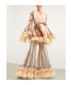 Zimmermann Lace Panel Wrapfront Bell Sleeve Mini Dress - Patchwork Floral