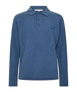 Maison Kitsuné Knitted Long Sleeve Polo Shirt - Blue