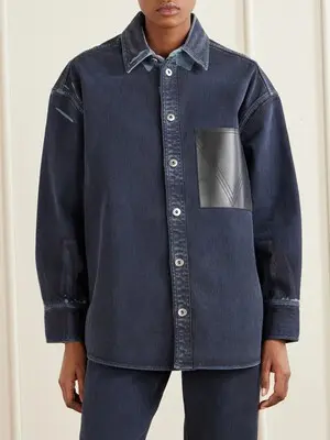 Bottega Veneta Overdyed Organic Denim Jacket With Leather Trim - Blue
