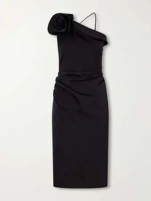 Magda Butrym One-shoulder Appliquéd Gathered Cotton And Silk-blend Midi Dress - Black