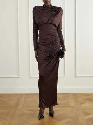 Balmain Draped Jersey Turtleneck Maxi Dress