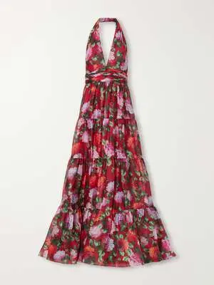 Carolina Herrera Tiered Floral-print Silk Halterneck Gown - Multi