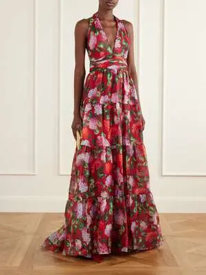 Carolina Herrera Tiered Floral-print Silk Halterneck Gown - Multi