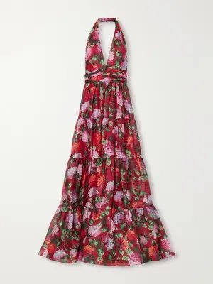 Carolina Herrera Tiered Floral-print Silk Halterneck Gown - Multi