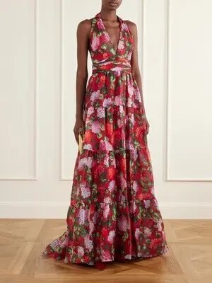 Carolina Herrera Tiered Floral-print Silk Halterneck Gown