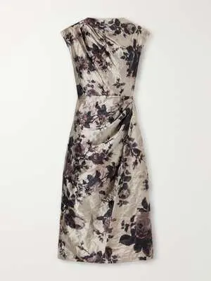 Erdem Floral-print Gathered Crinkled-satin Midi Dress
