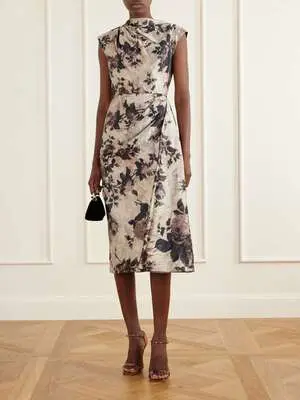 Erdem Floral-print Gathered Crinkled-satin Midi Dress