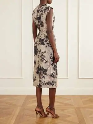 Erdem Floral-print Gathered Crinkled-satin Midi Dress