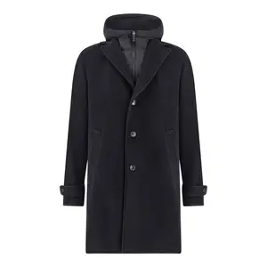 Paul & Shark 150's Wool Coat With Suede Inserts And Hood - Blue